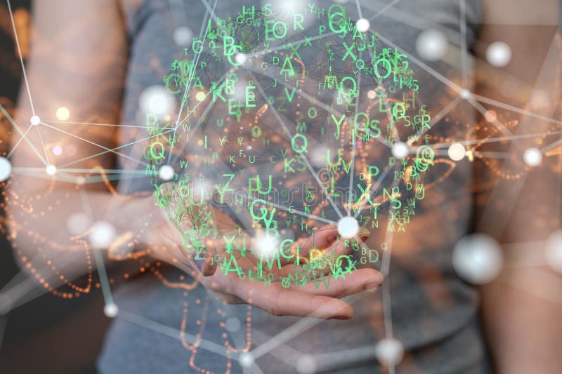 Person Showing a Network of Data with Connecting Letters Stock Photo ...