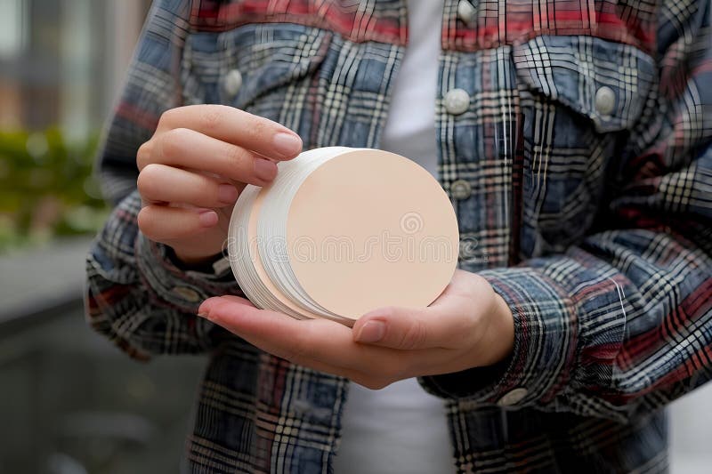 A Person is Showing a Stack of Blank Circular Stickers on Hand Stock ...