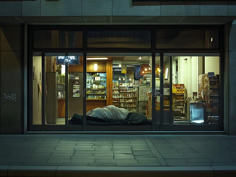 Homeless Person Sleeping in Doorway, Urban Setting, Night Scene, Low ...