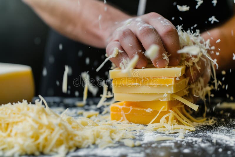 Person Shredding a Stack of Cheese for Canteen Toppings Stock Photo ...
