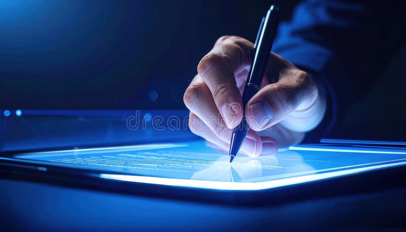 Person Signing Document on a Digital Screen in Low Light, Capturing the ...