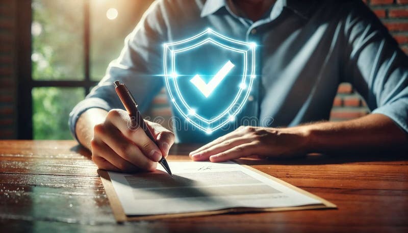 Person Signing Document with Glowing Shield Icon Symbolizing Security ...