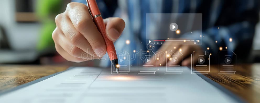 Person is Signing Document with Pen, Surrounded by Digital Elements ...