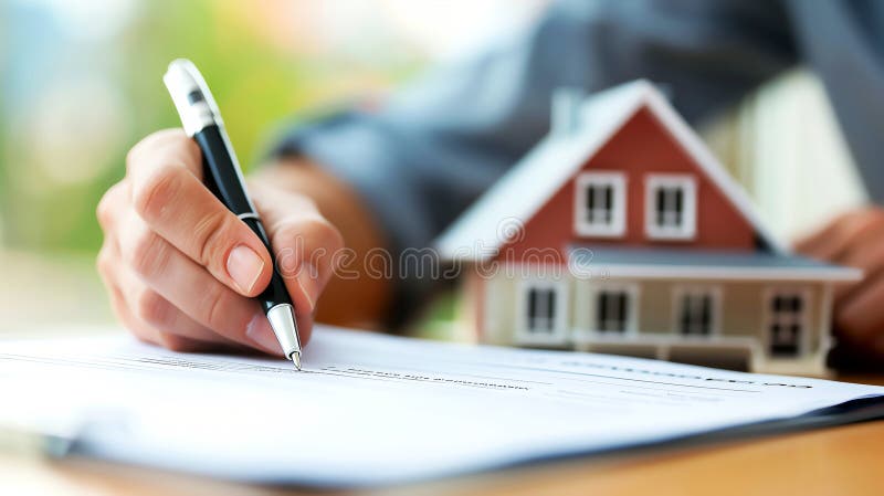 A Person is Signing a Document with a Pen. There is a Model House on ...