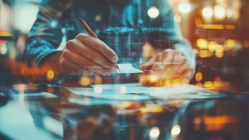 Person Signing Documents with a Pen Data Overlay Stock Photo - Image of ...