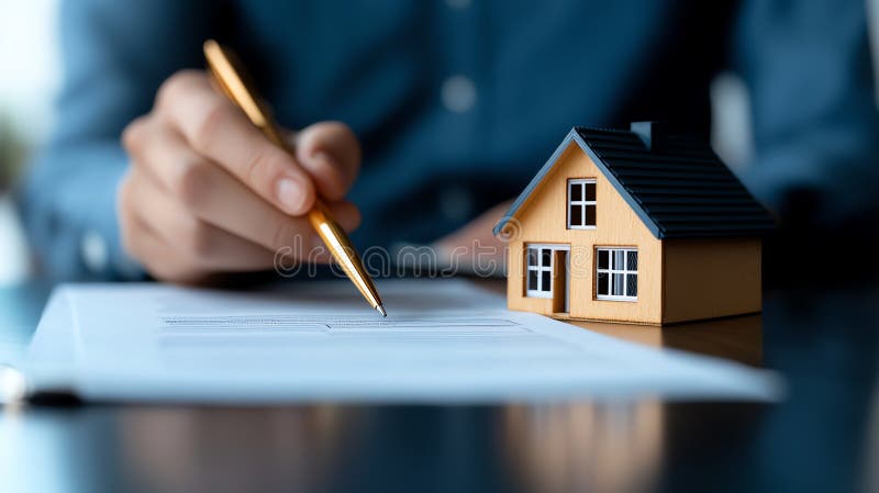 Person Signing Documents with a Small House Model on the Table Stock ...