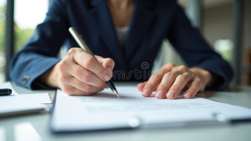 Person Signing Official Documents in Professional Setting with Modern ...