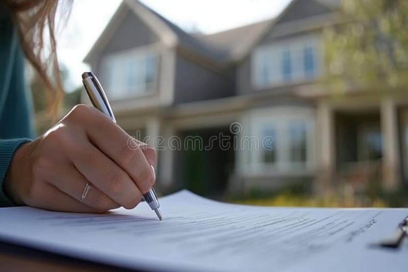Person Signs Document in Front of House with Ballpoint Pen, Home ...