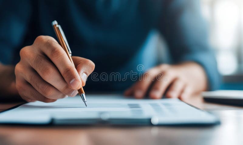 A Person Signs Official Documents Using a Golden Pen in an Office ...