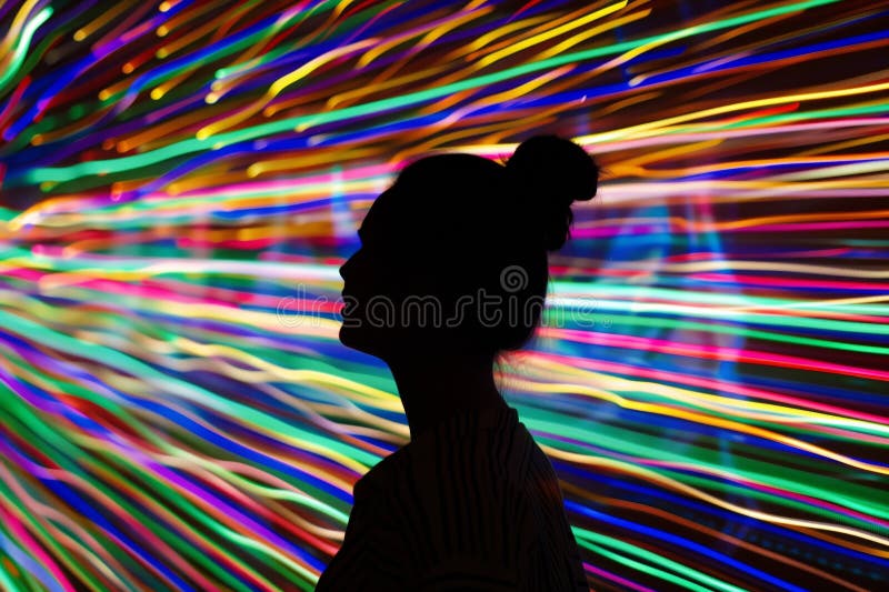 Person in Silhouette Against a Wall of Multicolored Light Streaks Stock ...