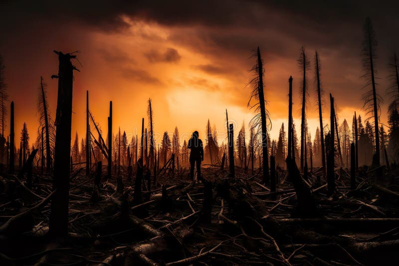 Silhouette in Burned Forest Under Dramatic Sky, Showing Aftermath and ...