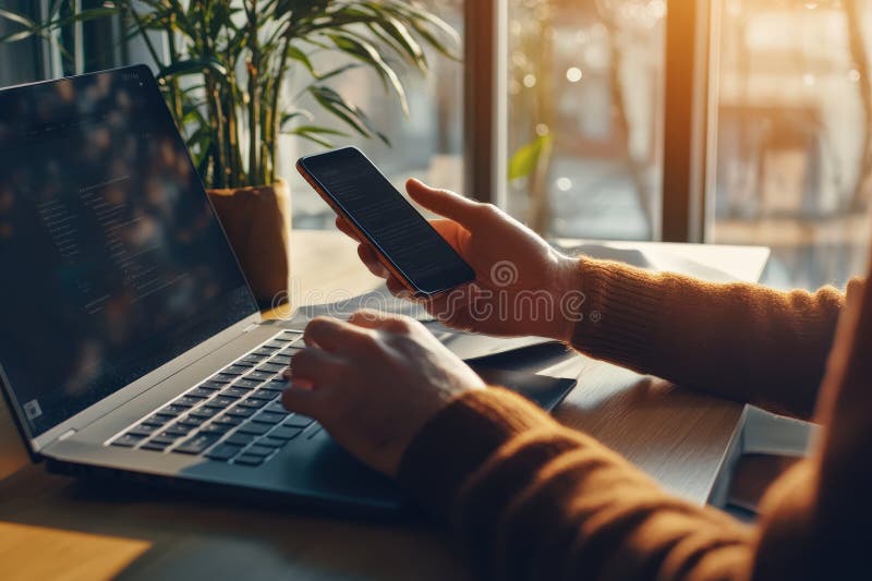 A Person is Actively Using Both a Laptop and a Cell Phone ...