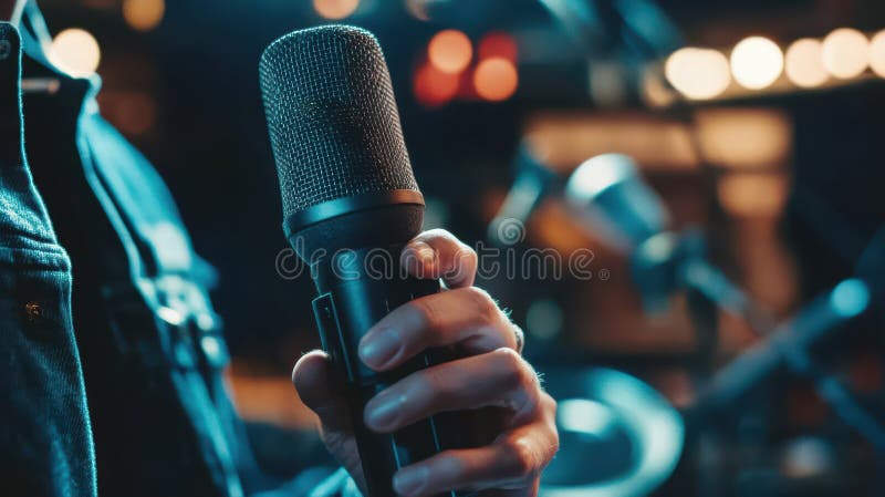 Person Singing into a Microphone in a Recording Studio with Sound ...