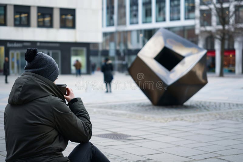 Person Sipping Coffee on a Square Facing Modern Art Sculpture Stock ...
