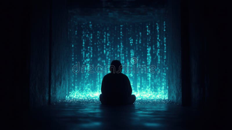 Person Sits Alone Surrounded by Glowing Streams of Binary Code and ...