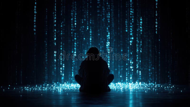 Person Sits Alone Surrounded by Glowing Streams of Binary Code and ...