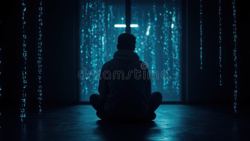 Person Sits Alone Surrounded by Glowing Streams of Binary Code and ...