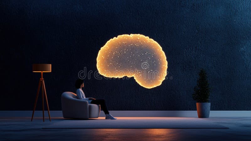 A Person Sits in Contemplation with a Glowing Brain Shape on the Wall ...