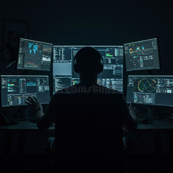 A Person Sits in a Darkened Room Facing Multiple Computer Monitors ...