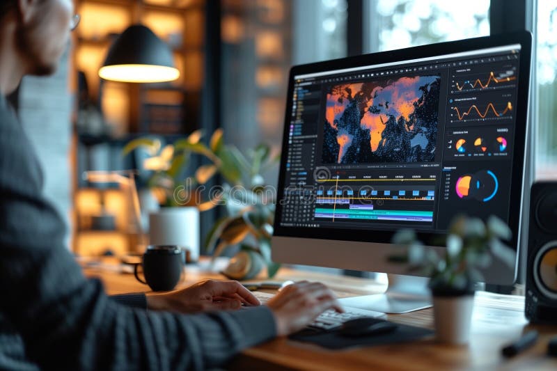 Person Editing Video with World Map and Data Charts on Computer Screen ...