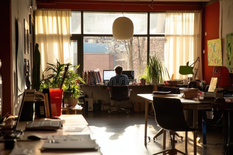 A Person Sits at a Desk Near a Window, Likely Working or Studying Stock ...