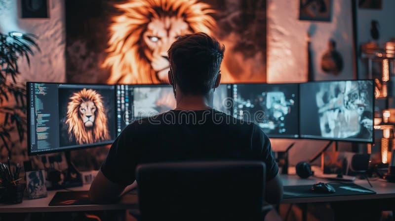 Person Working at a Computer Desk with Three Monitors Displaying ...