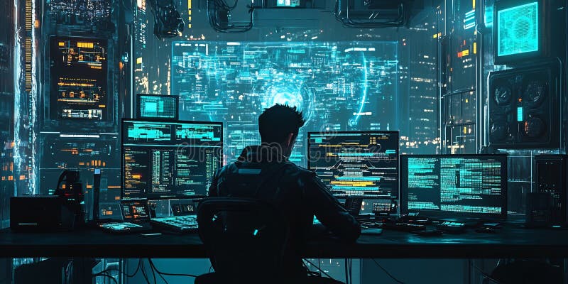 Man Sits at Desk with Multiple Monitors Displaying Complex Code and Data Streams Stock ...