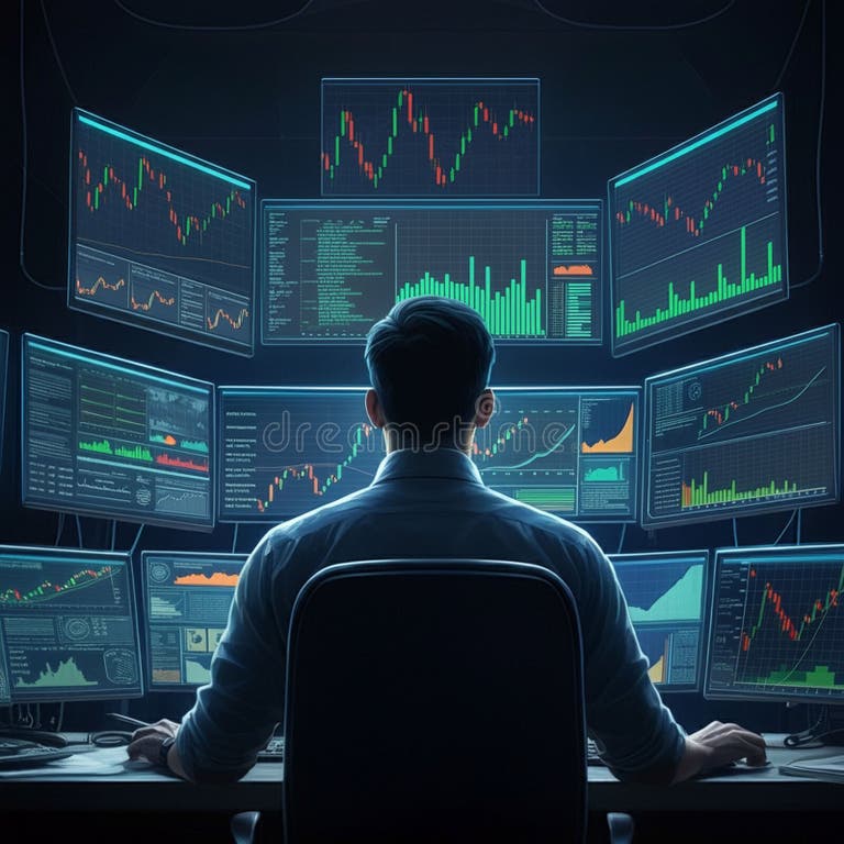 A Person Sits at a Desk Surrounded by Multiple Computer Screens Displaying Complex Stock ...