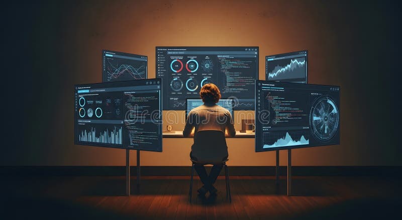 Person Sits Surrounded Multiple Computer Screens Displaying Data Analysis Stock Photos - Free ...