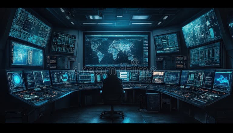 Control Center with Multiple Screens Displaying Global Data and Analytics at Night Stock Image ...