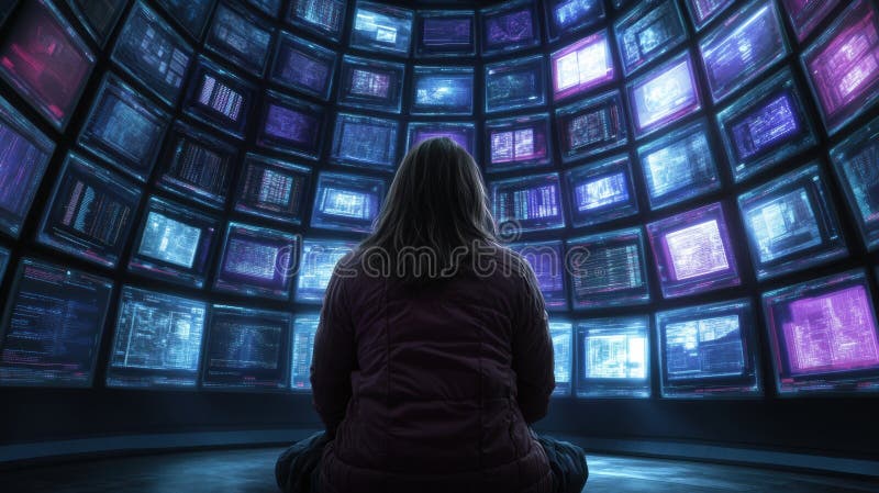 A Person Sits in Front of a Wall of Glowing Screens Displaying Data and ...