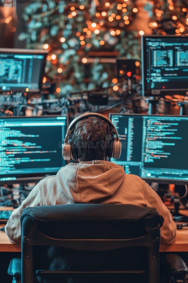 Person Sits Looking at Many Screens. Code Displayed on Monitors. the ...
