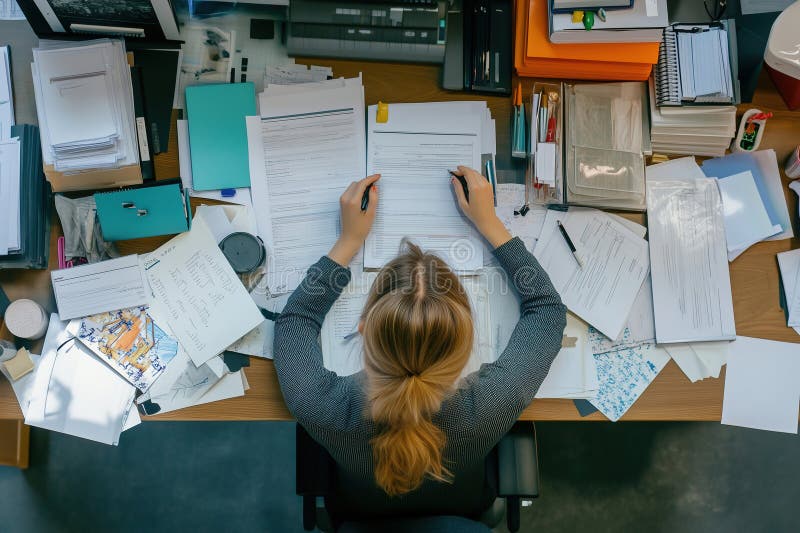 A Person Sorting through Numerous Documents at a Cluttered Office Desk ...