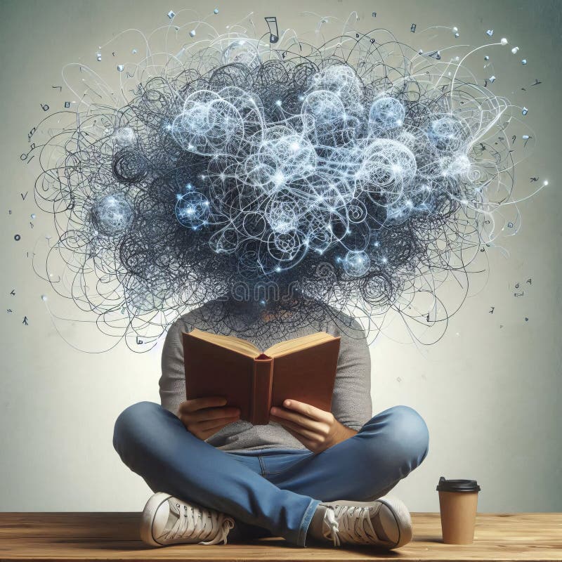 A Person Sits Reading, Head Exploding into a Cloud of Intricate Lines ...