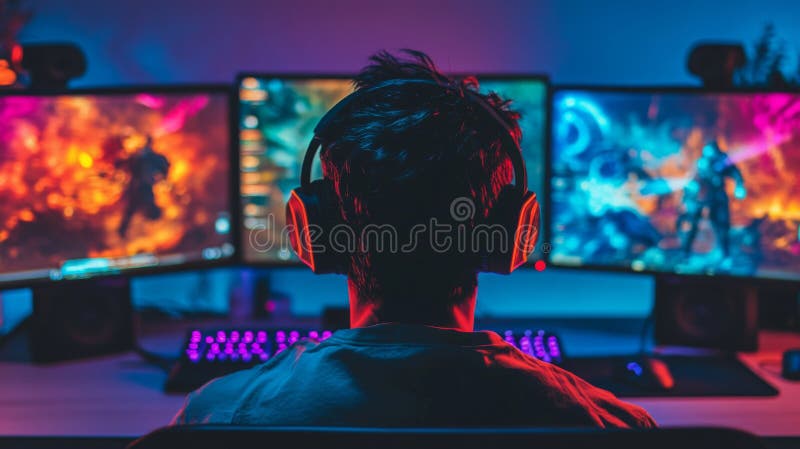 A Person Sits before Three Computer Monitors Displaying Intense Video ...