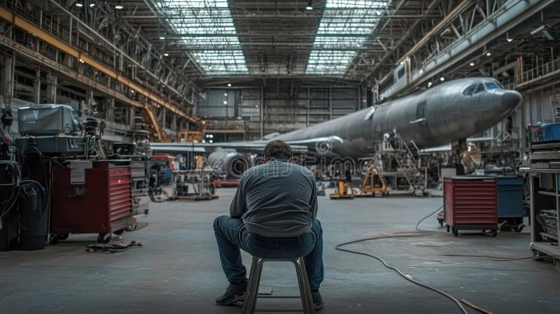 A Person Sits in a Workshop, Observing an Airplane Under Construction ...