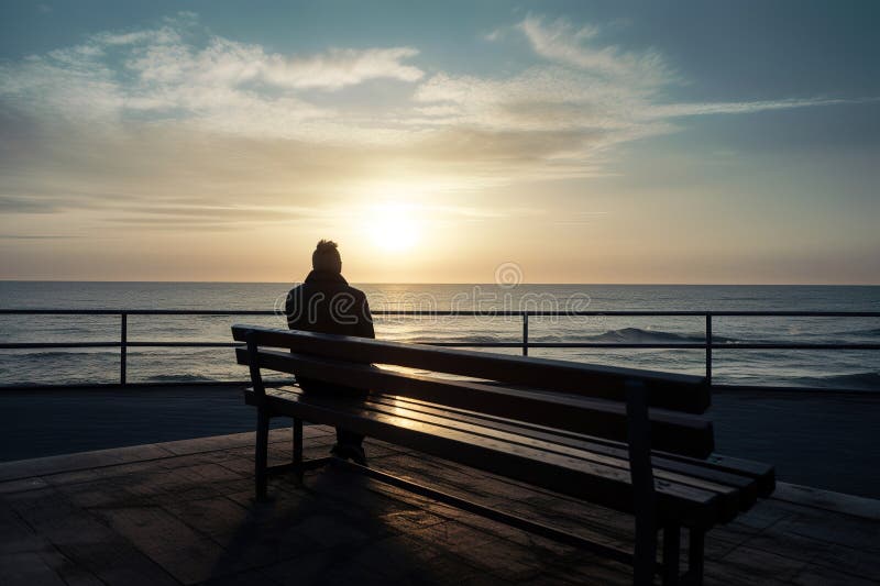 Person Sitting Alone on a Bench by the Coast Looking at Sunrise. Stock ...
