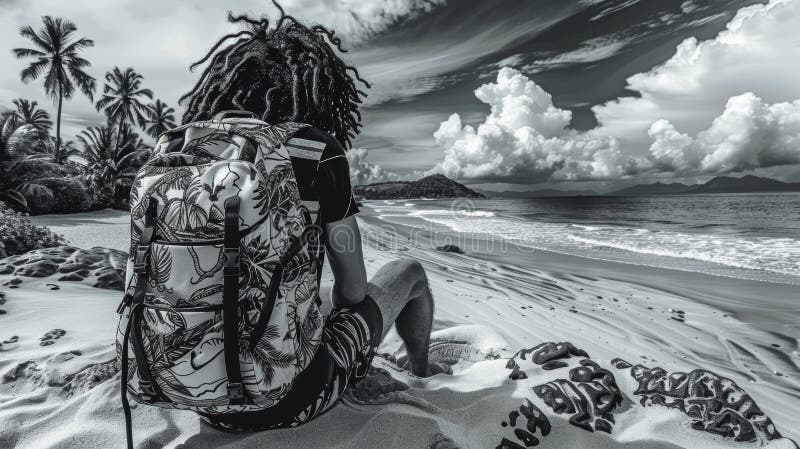 A Person Sitting on a Beach with Their Back Pack, AI Stock Photo ...