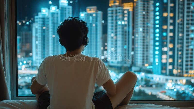 A Person Sitting on a Bed Looking Out the Window at City Lights, AI ...