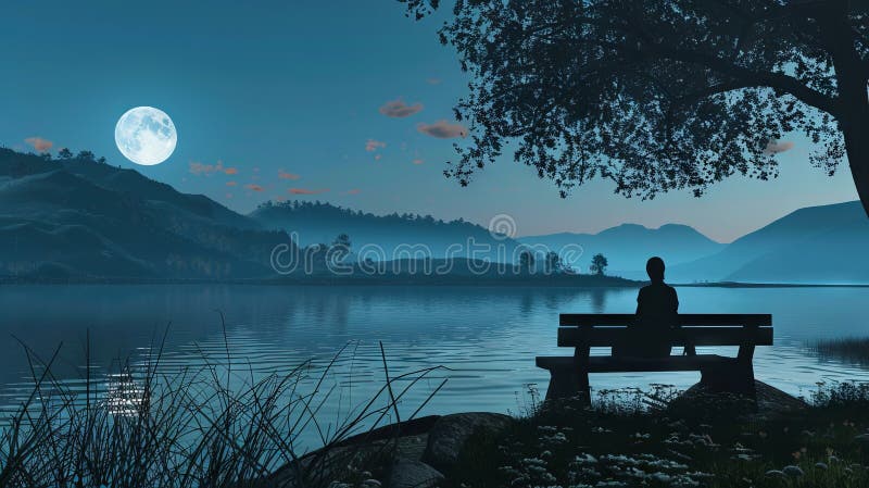 A Person Sitting on a Bench Looking at the Moon Stock Photo - Image of ...