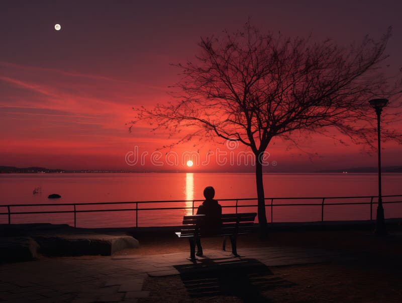 A Person Sitting on a Bench Looking at the Sunset Stock Illustration ...