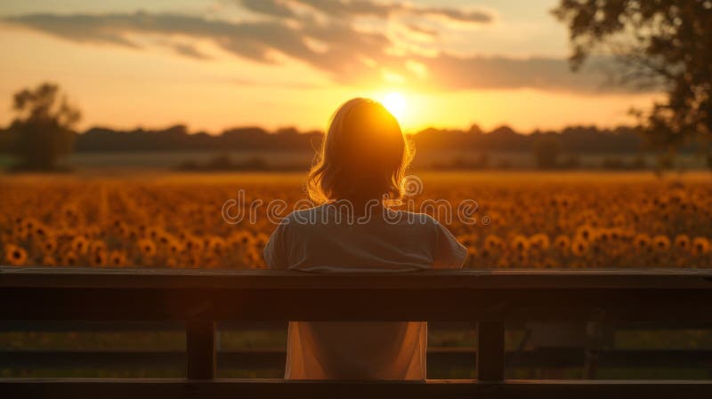 A Person Sitting on a Bench Looking at the Sunset, AI Stock Photo ...