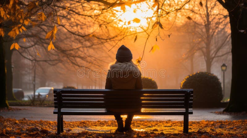 A Person Sitting on a Bench in the Middle of a Park at Sunset Stock ...