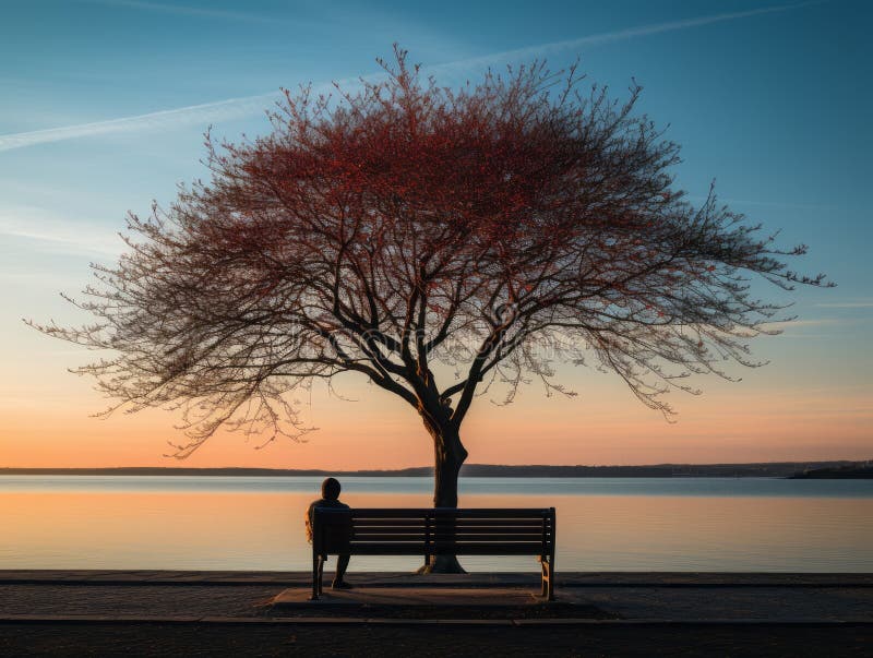 A Person Sitting on a Bench Next To a Tree Stock Illustration ...