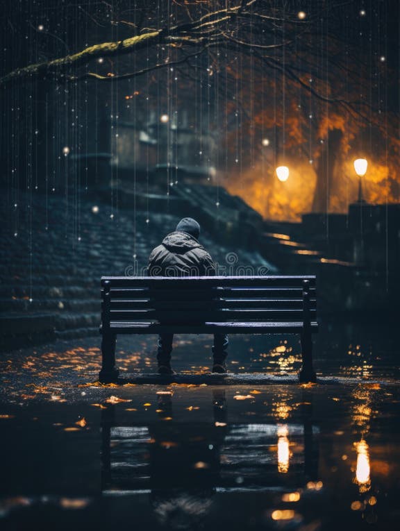A Person Sitting on a Bench in the Rain, AI Stock Illustration ...