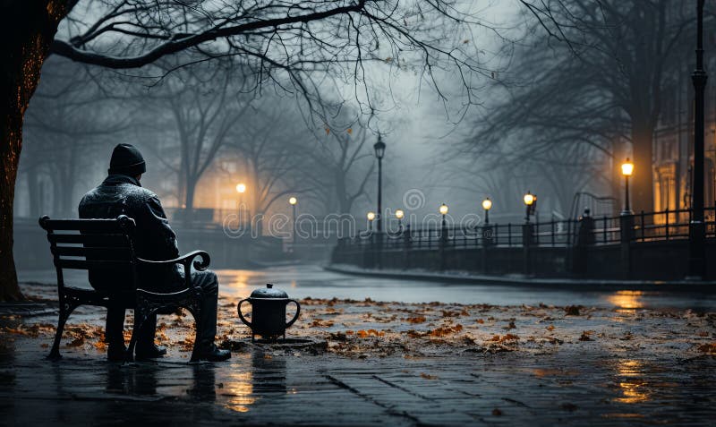 Person Sitting on Bench in Rain Stock Photo - Image of soaked, rainy ...