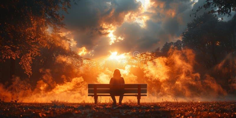 Person Sitting on a Bench at Sunset with Dramatic Clouds and Mist in ...