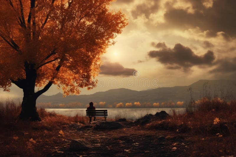 A Person Sitting on a Bench Under an Orange Tree Stock Illustration ...