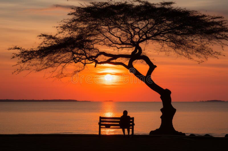 A Person Sitting on a Bench Under a Tree at Sunset Stock Illustration ...