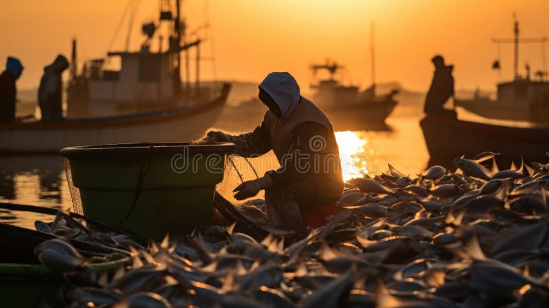 A Person Sitting on a Boat with a Bucket Full of Fish Stock Photo ...